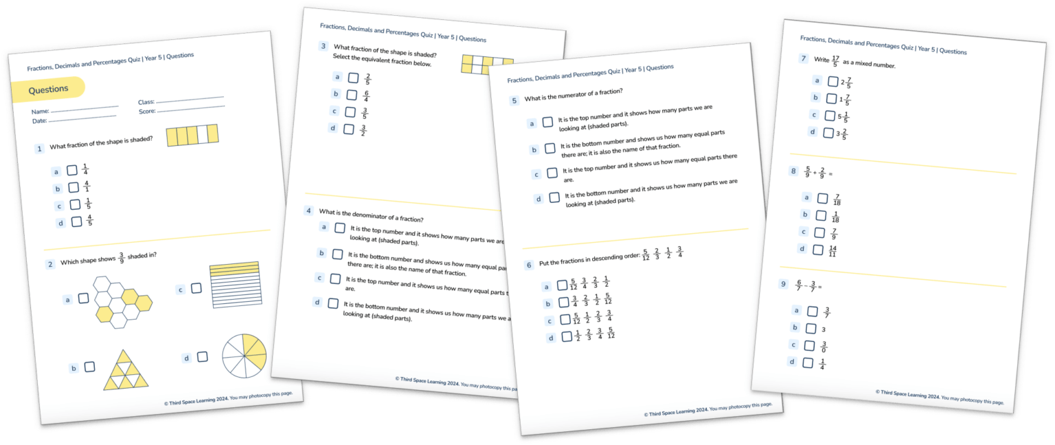 [FREE] Fractions, Decimals and Percentages Diagnostic Quiz - Year 5