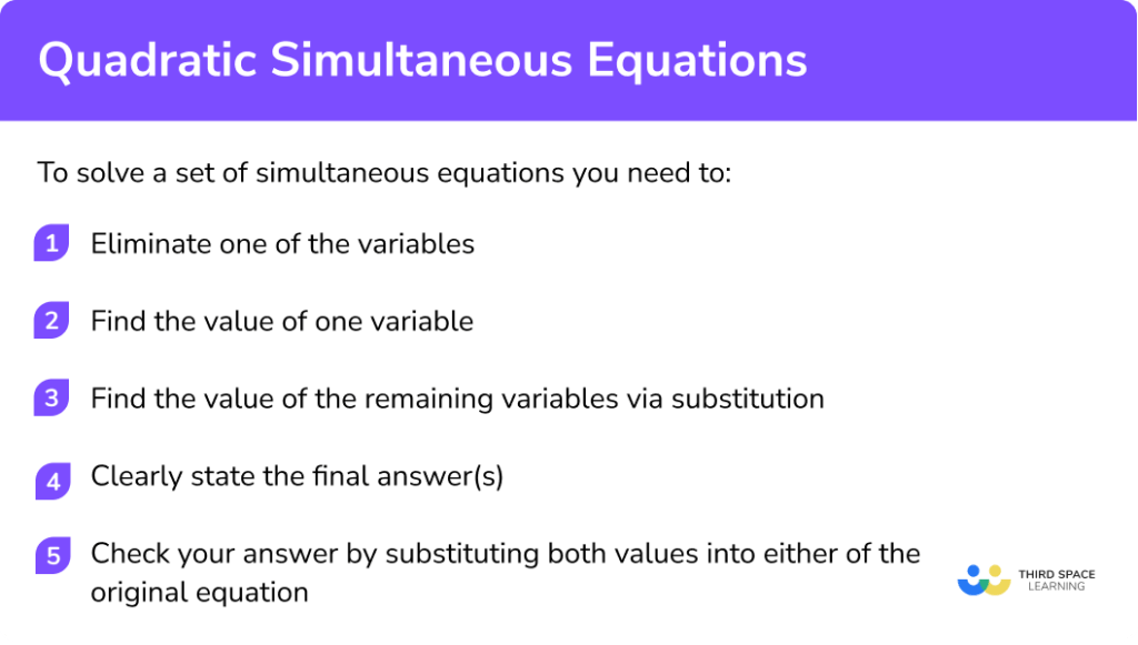Quadratic Simultaneous Equations - Steps, Examples, Worksheet