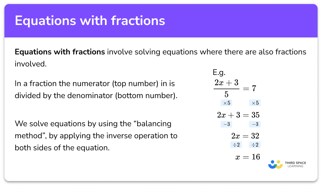Equations With Fractions GCSE Maths Steps Examples Worksheet