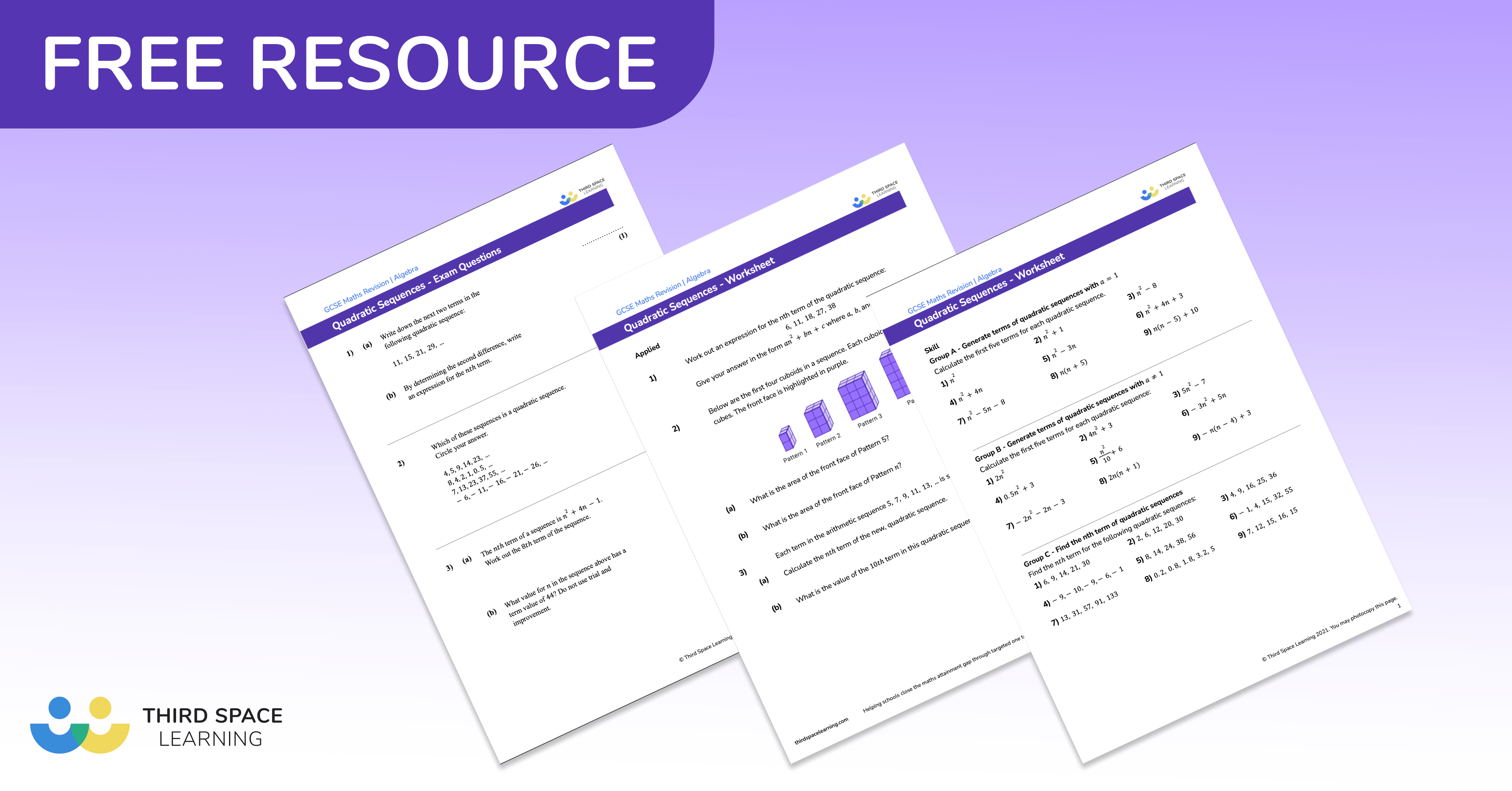 Quadratic Sequences Worksheet GCSE Maths FREE 