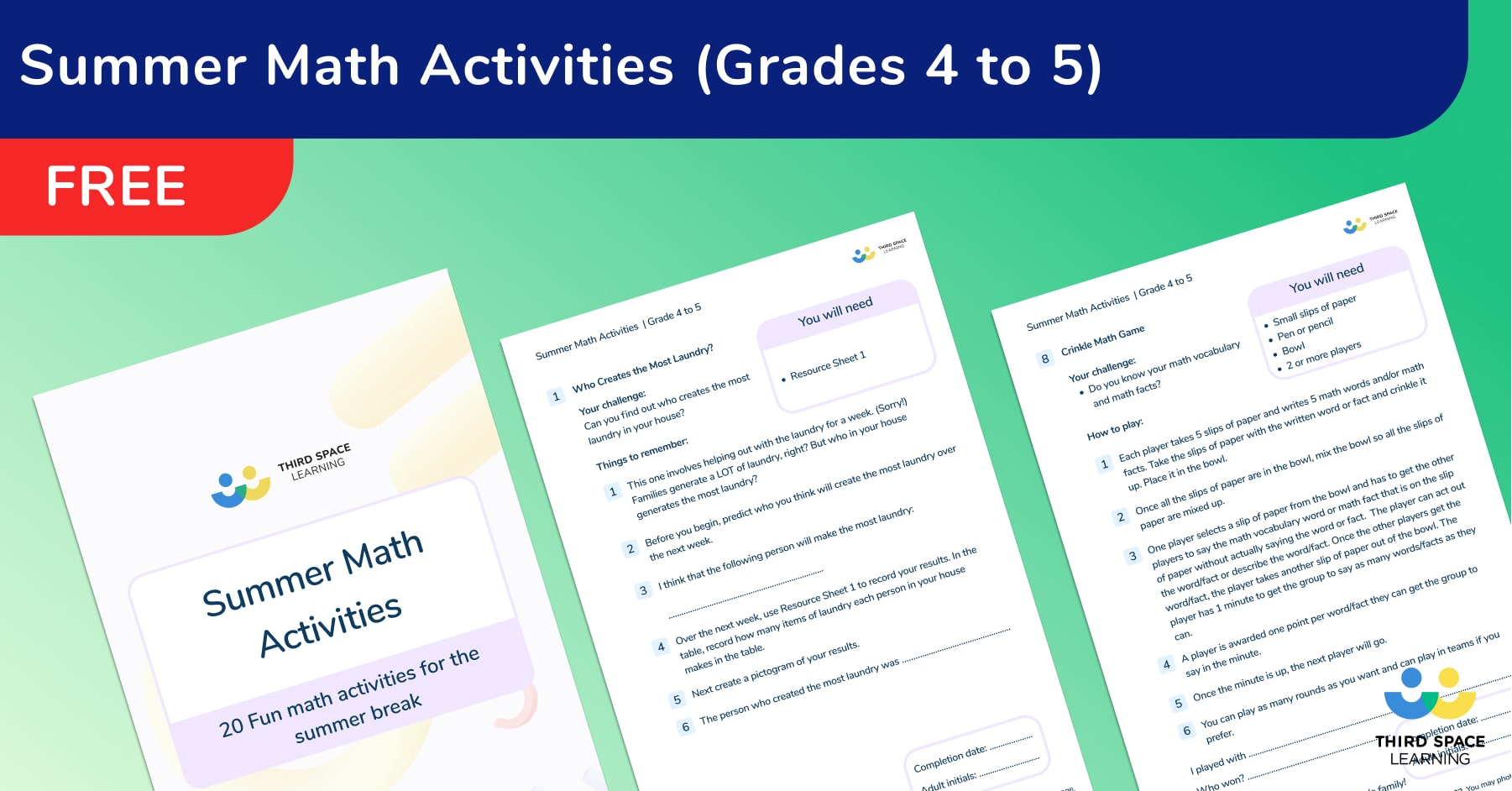 [FREE] Summer Math Activities Grade 4 to 5 - Third Space Learning