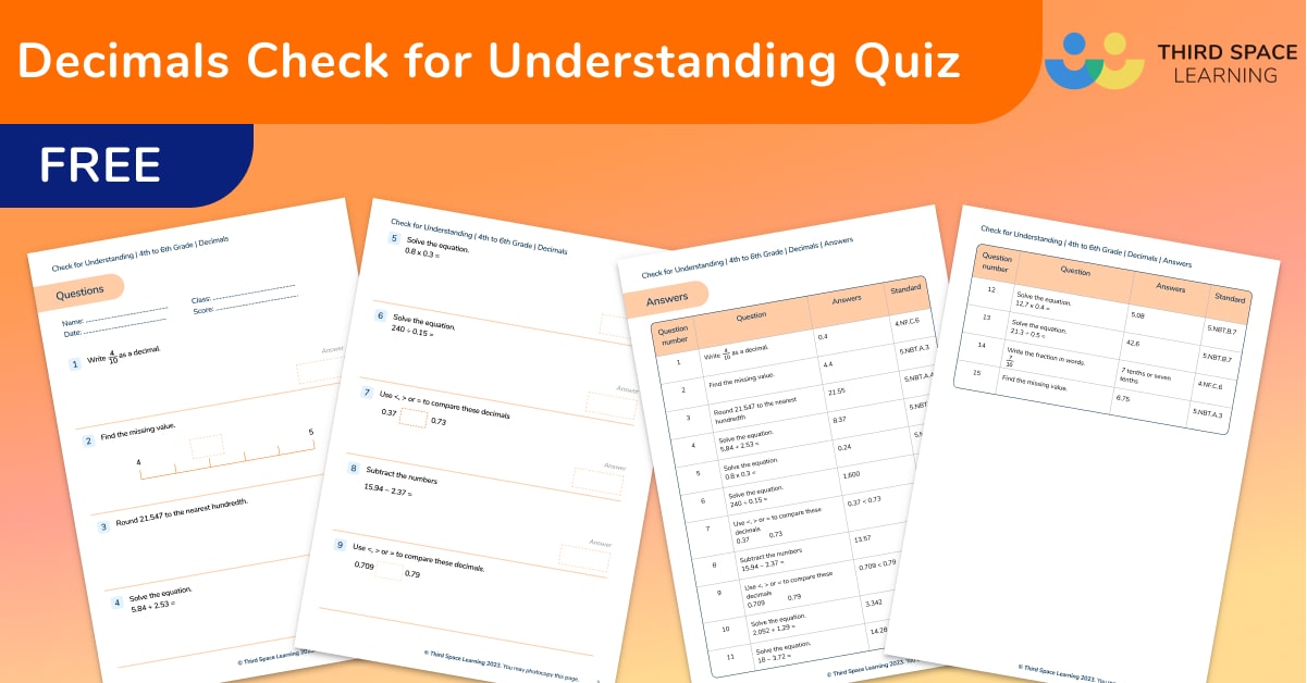 [FREE] Decimals Check for Understanding Quiz - Third Space Learning