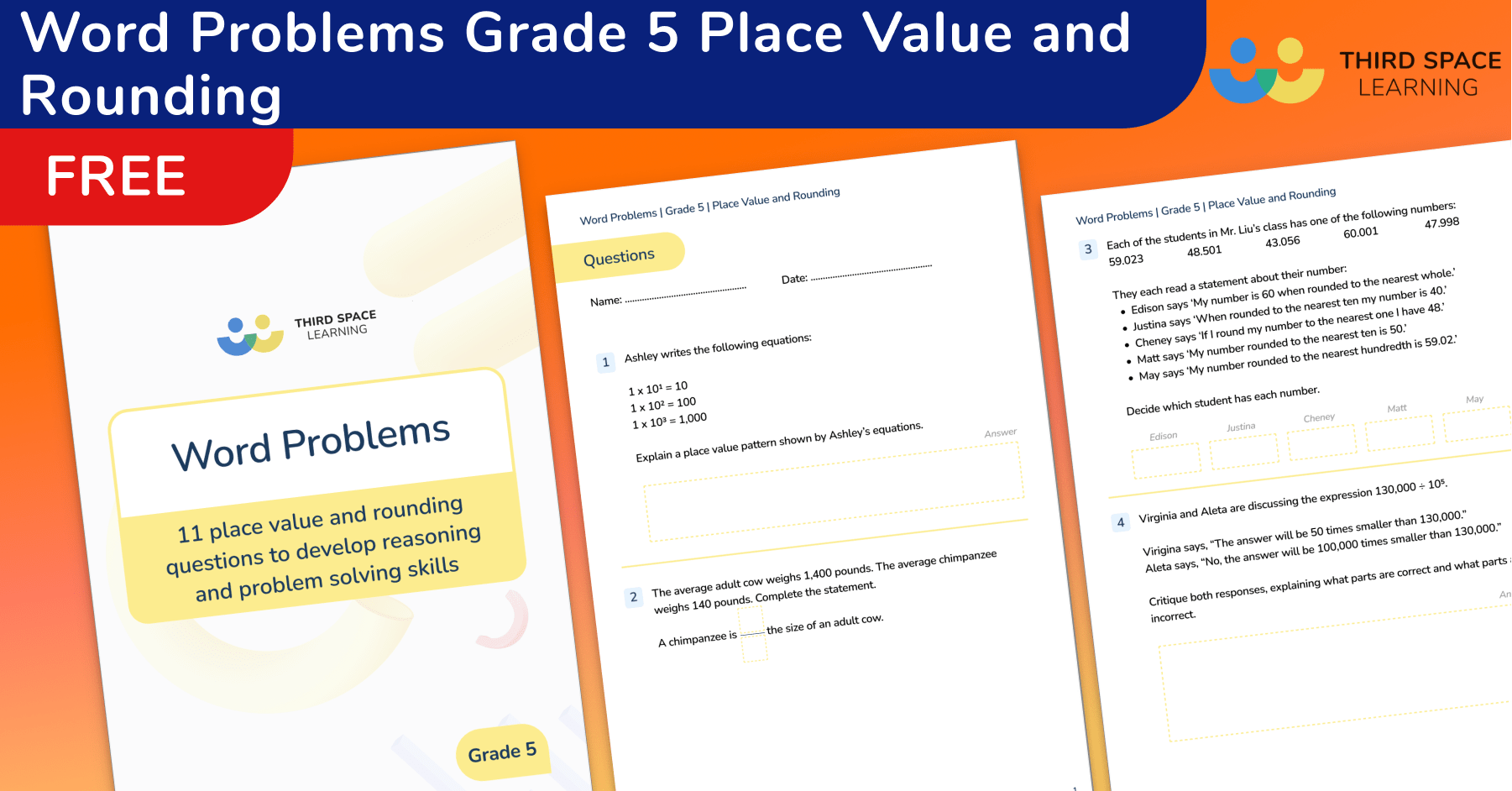 [FREE] Word Problems Grade 5 Place Value and Rounding