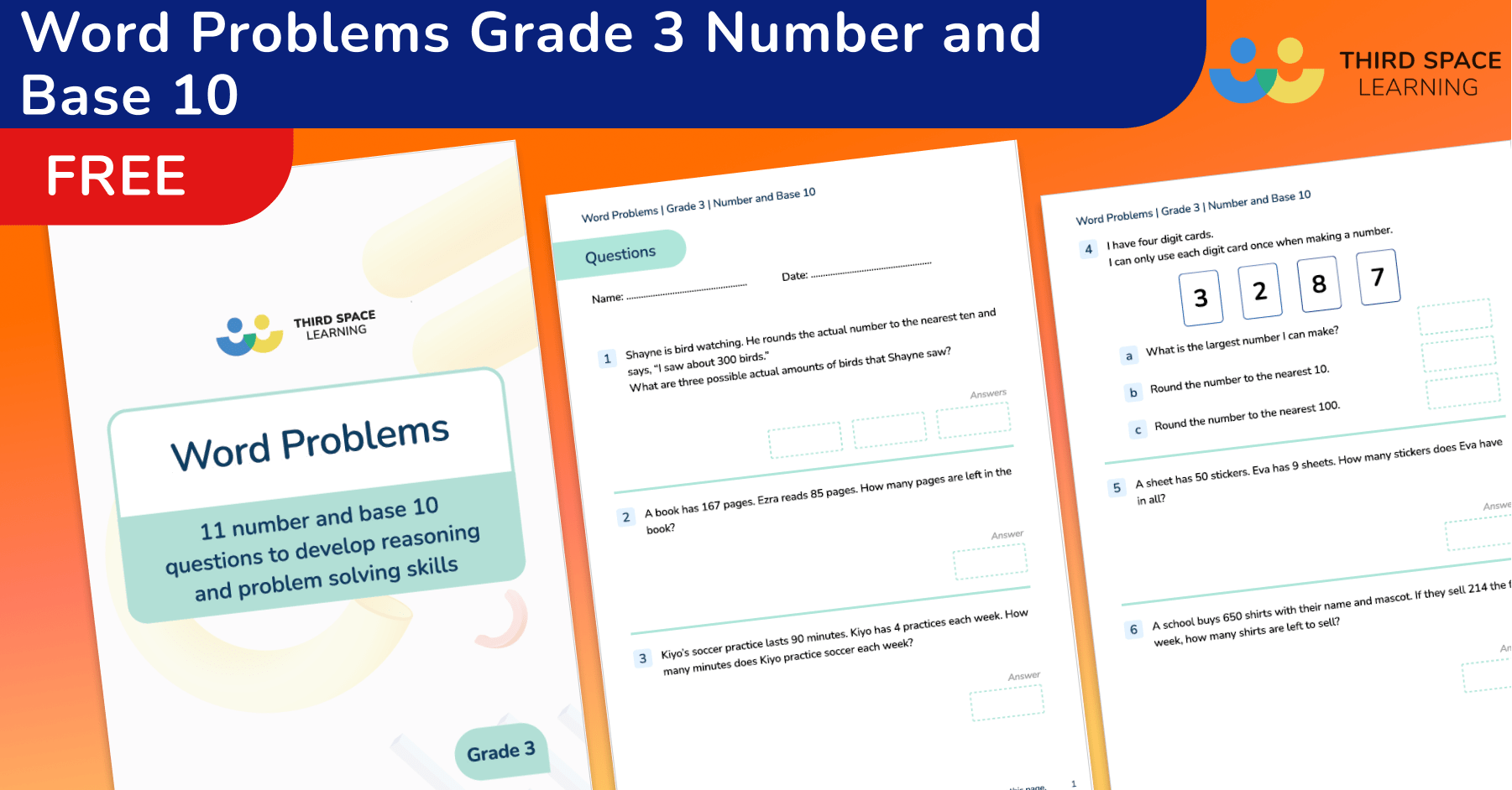 [FREE] Word Problems Grade 3 Number and Base 10