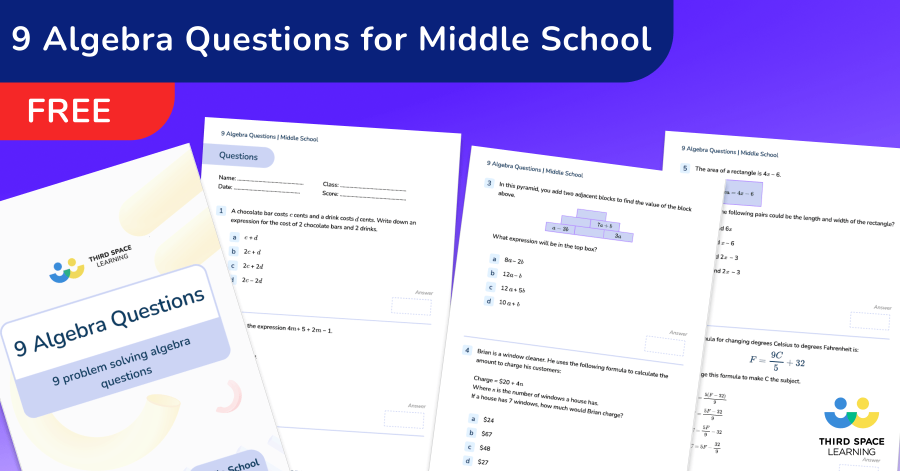 [FREE] 9 Algebra Questions for Middle School