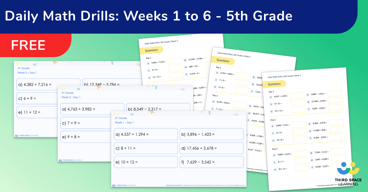 [FREE] Daily Math Drills Weeks 1 to 6 5th Grade