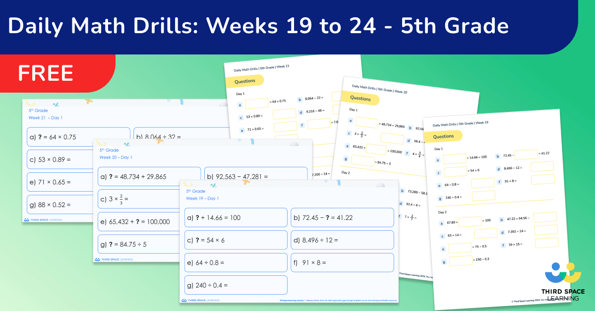 [FREE] Daily Math Drills Weeks 19 to 24 5th Grade
