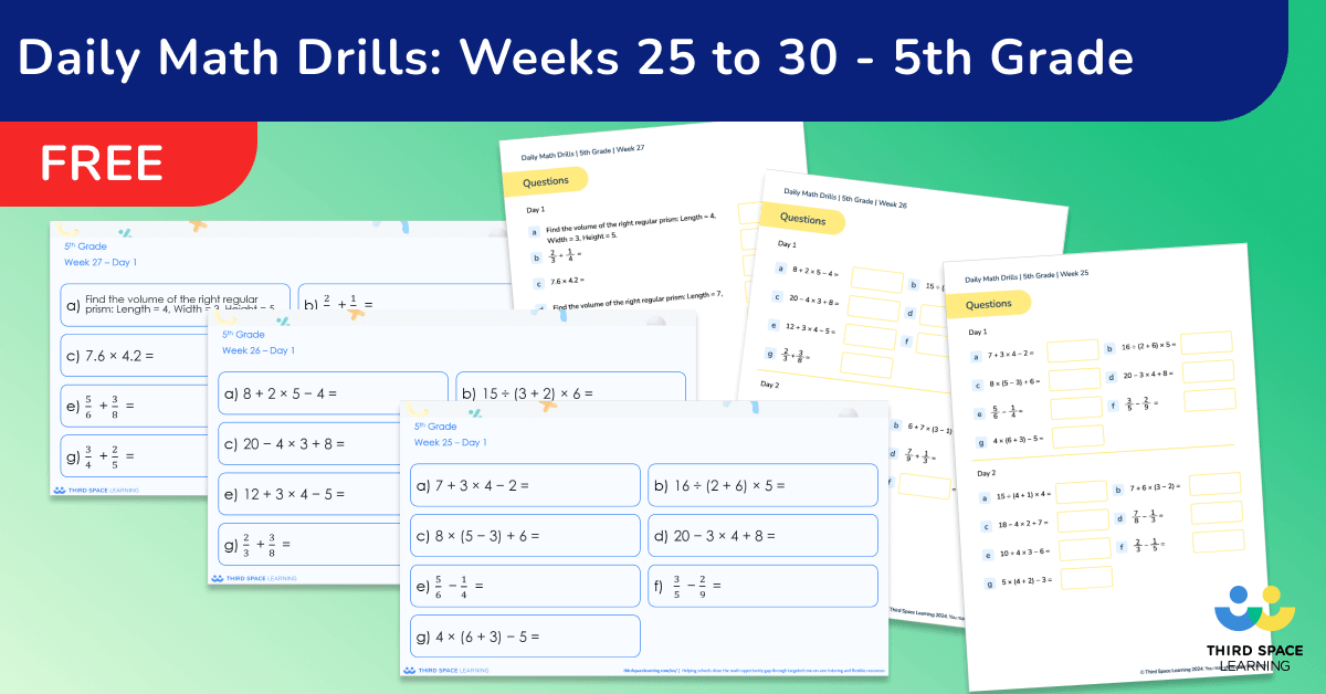 [FREE] Daily Math Drills Weeks 25 to 30 5th Grade