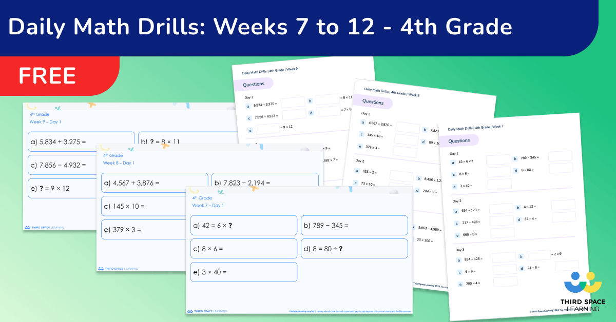 [FREE] Daily Math Drills Weeks 7 to 12 4th Grade